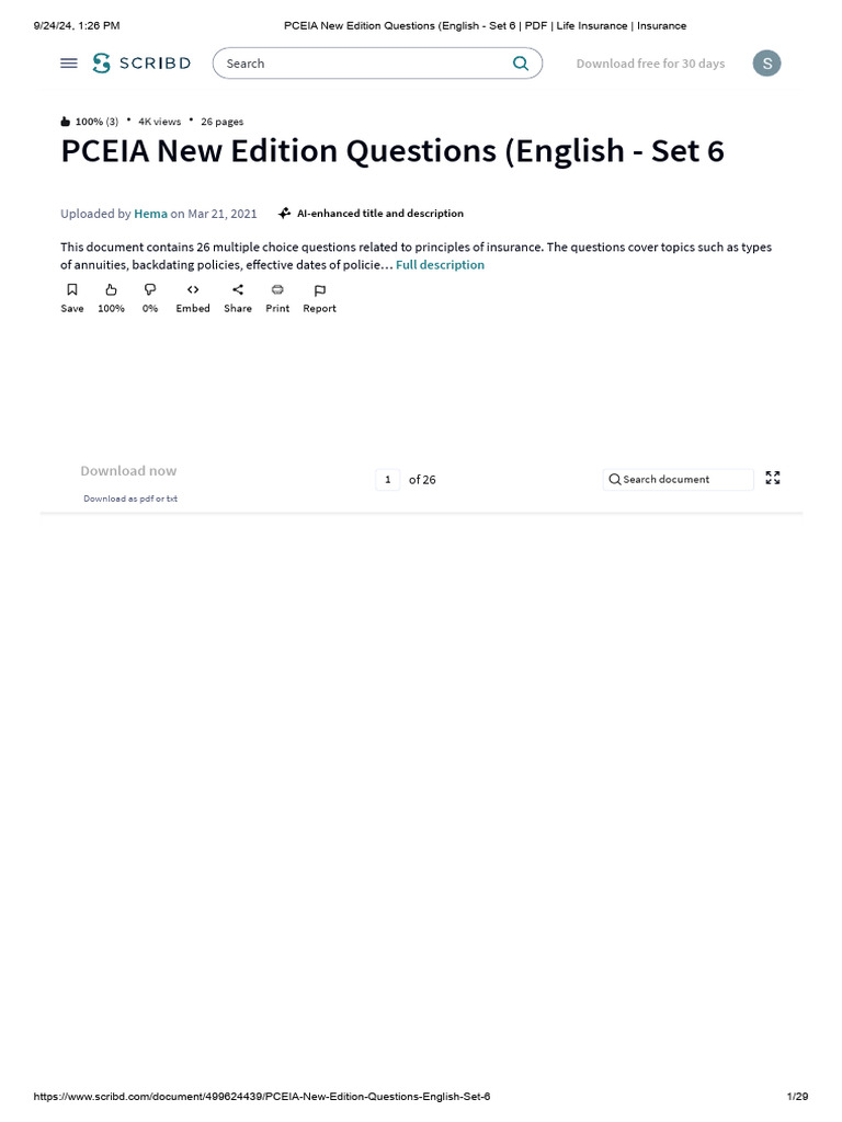 PCEIA New Edition Questions (English - Set 6 - PDF - Life Insurance ...