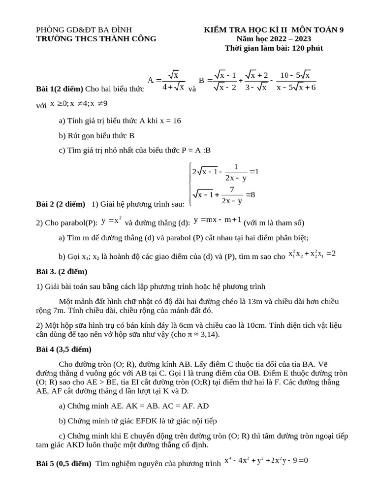 a26. C2TC - ĐỀ THI HK2 TOÁN 9 -22-23 | PDF