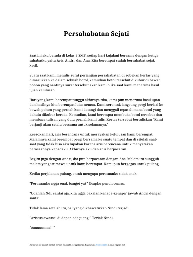 Cerpen Singkat Persahabatan Sejati | PDF