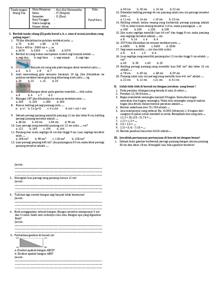 Kisi-Kisi Penilaian Sumatif Akhir Pelajaran Matematika Kelas IV 2023-2024 | PDF