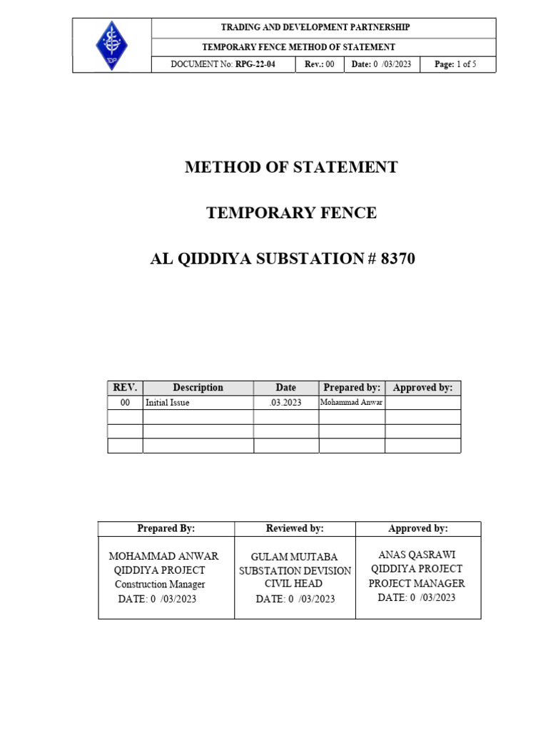 Method Statement of The Temporary Fence (8370) | PDF