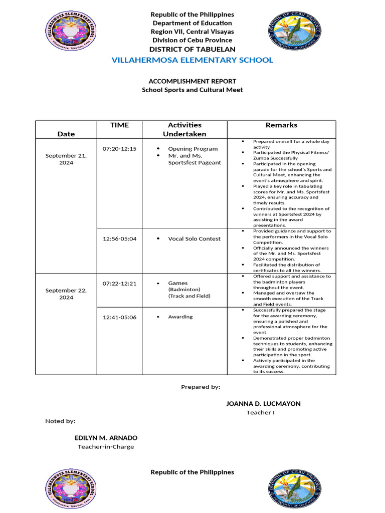 ACCOMPLISHMENT RPORT SERVICE CREDITS - Sports Meet | PDF