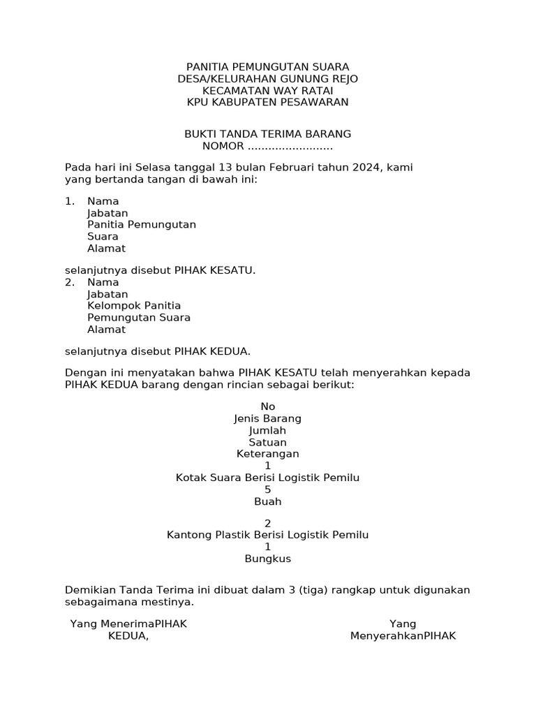 Template - Bukti - Tanda - Terima - Barang - TPS - 10 - Kel - Gunung ...