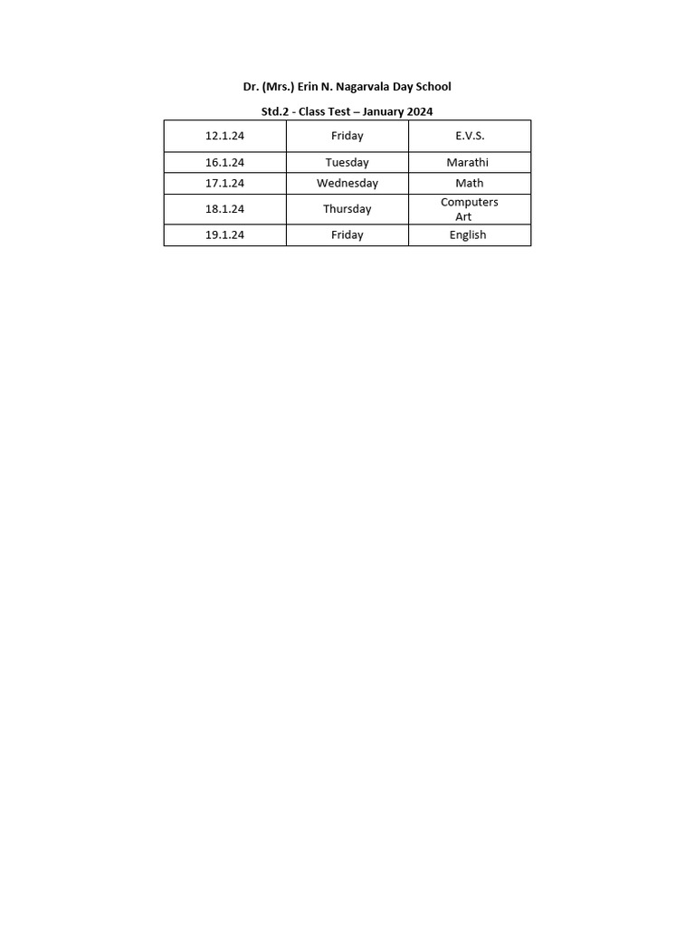 Std.2 Class Test Time Table January 2024 | PDF
