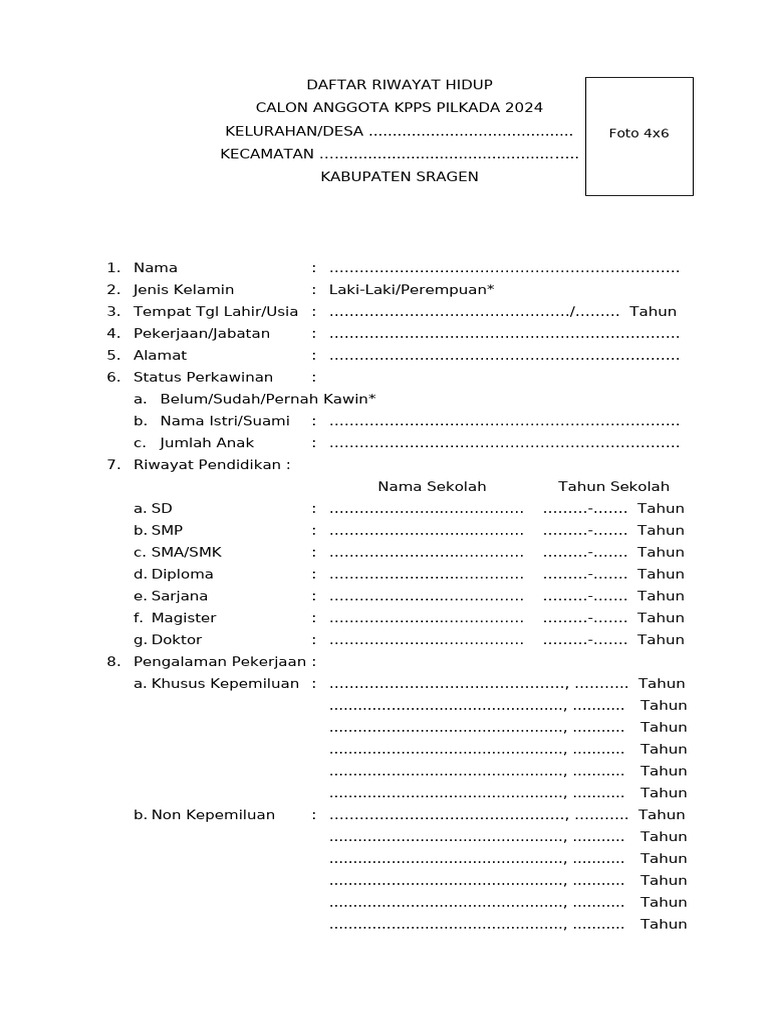 Formulir Daftar Riwayat Hidup - KPPS | PDF