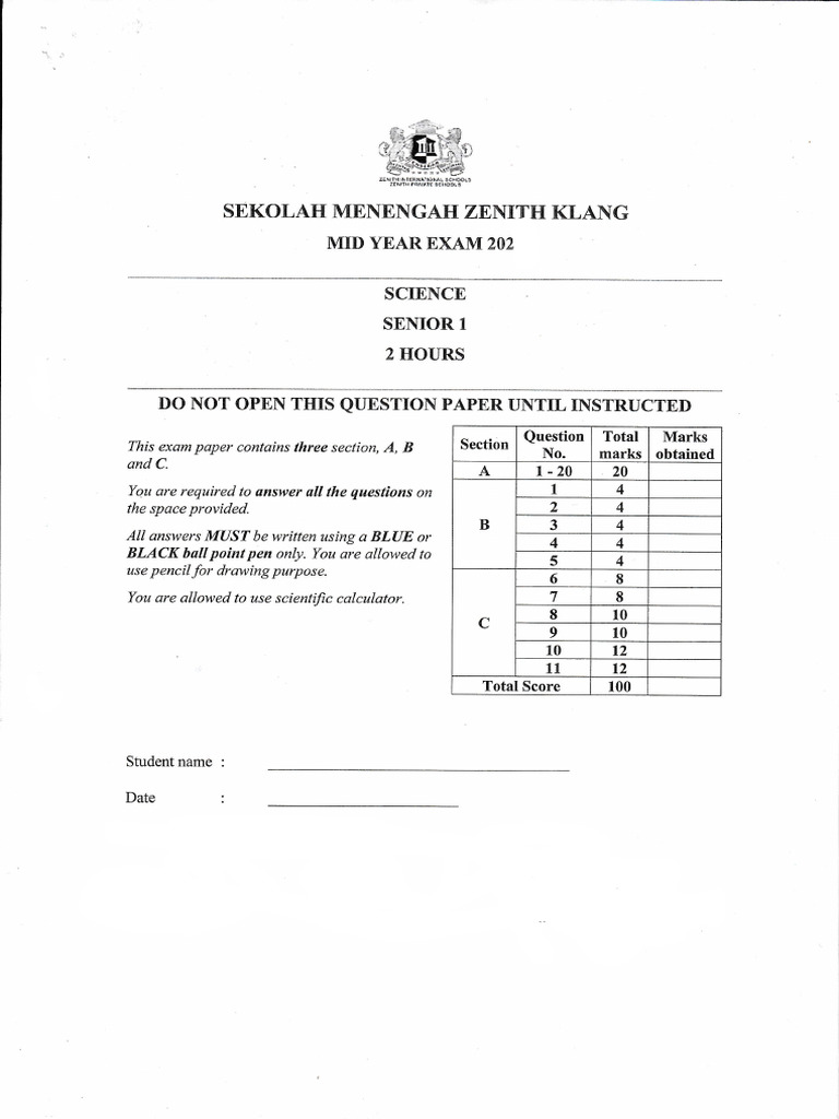 Senior 1 Science Mid Term | PDF