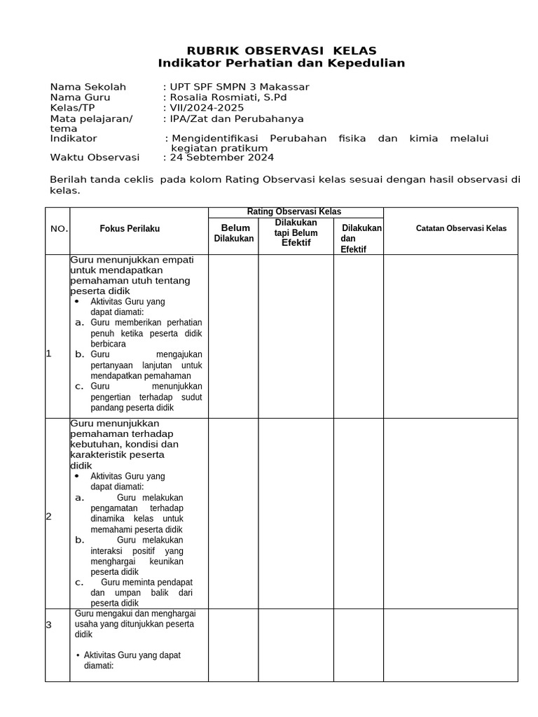 RUBRIK OBSERVASI Perhatian Dan Kepedulian | PDF