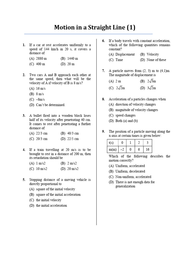 Motion in A Straight Line - 1 | PDF