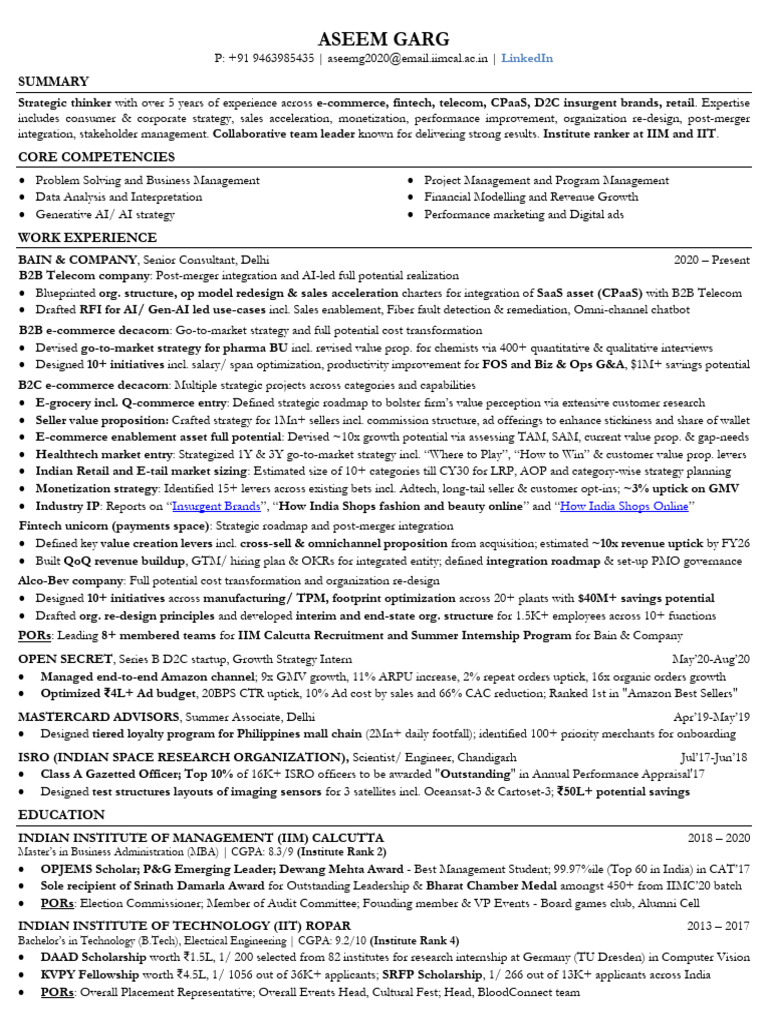 Resume - Aseem Garg (Bain, IIMC) - VS | PDF