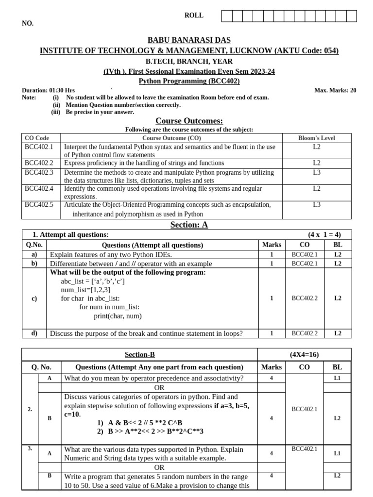 Python Prog - BCC402 - 1st Sessional - B.tech 2nd Year | PDF