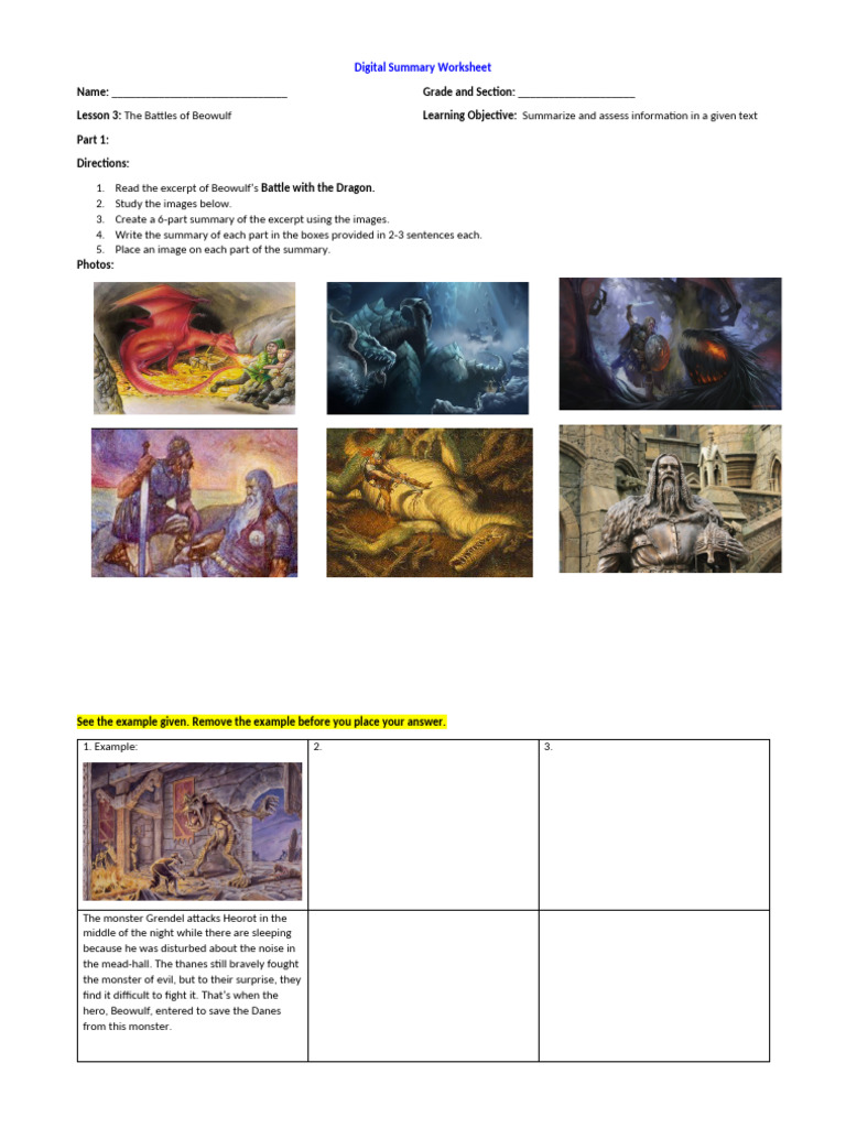 3 - Digital Summary Worksheet Beowulf (Battle With The Dragon) | PDF