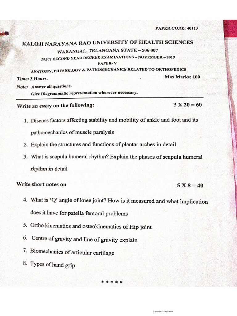 MPT Orthopedic Question Papers - KNR Univ | PDF