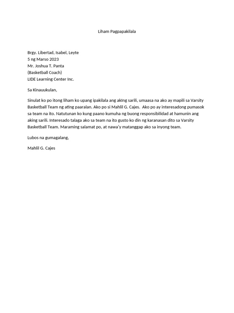 Liham-Pagpapakilala | PDF