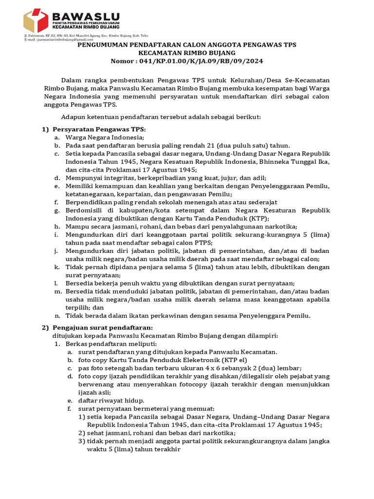 Pengumuman Pendaftaran Calon Anggota Pengawas TPS | PDF