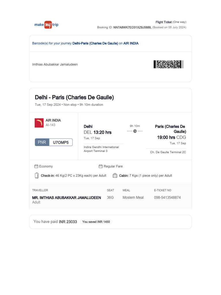 Air Ticket Imthias DEL-CDG | PDF | Travel Visa | Passport