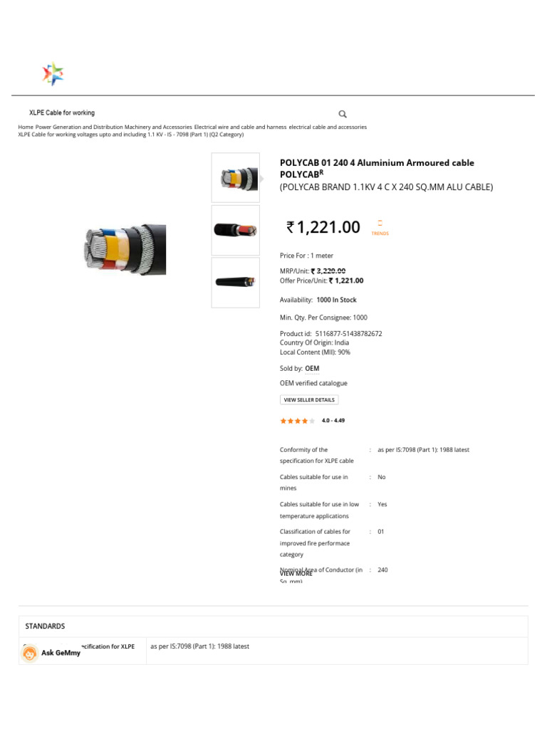 POLYCAB 01 240 4 Aluminium Armoured Cable | PDF | Wire | Electrical ...