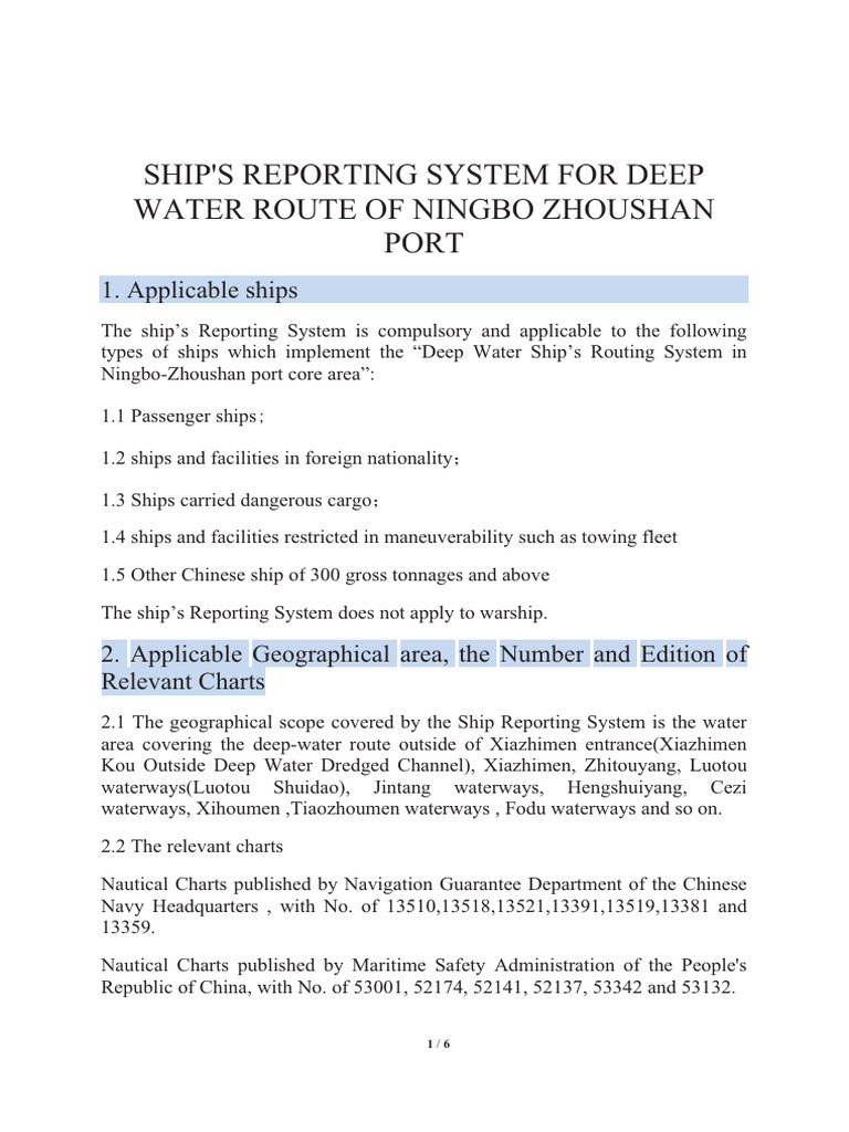 Ship's Reporting System for Deep Water Route of Ningbo Zhoushan Port | PDF