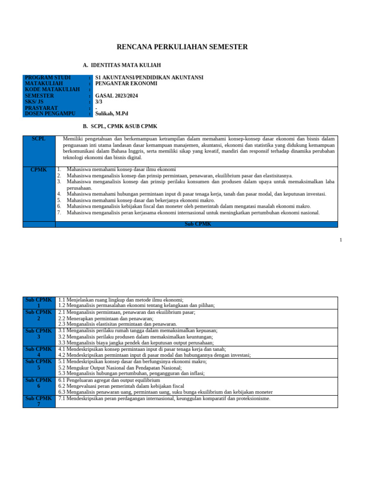 Rps Pengantar Ekonomi Jur Akt Bsul | PDF