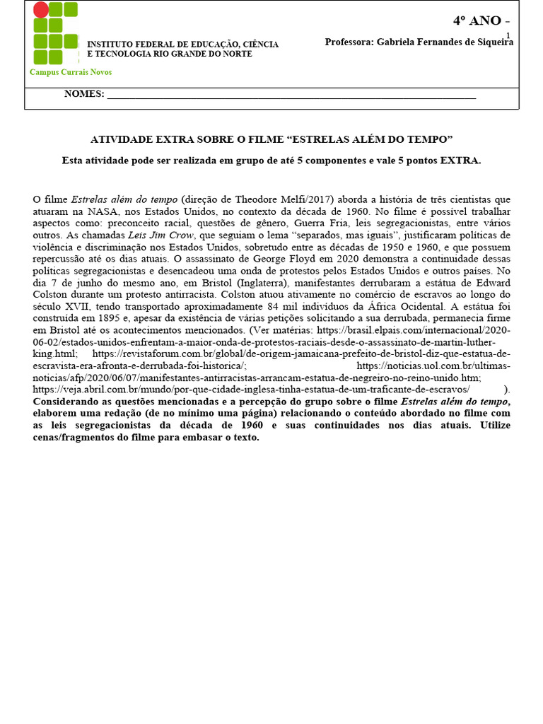 Atividade Extra Sobre o Filme Estrelas Além Do Tempo | PDF