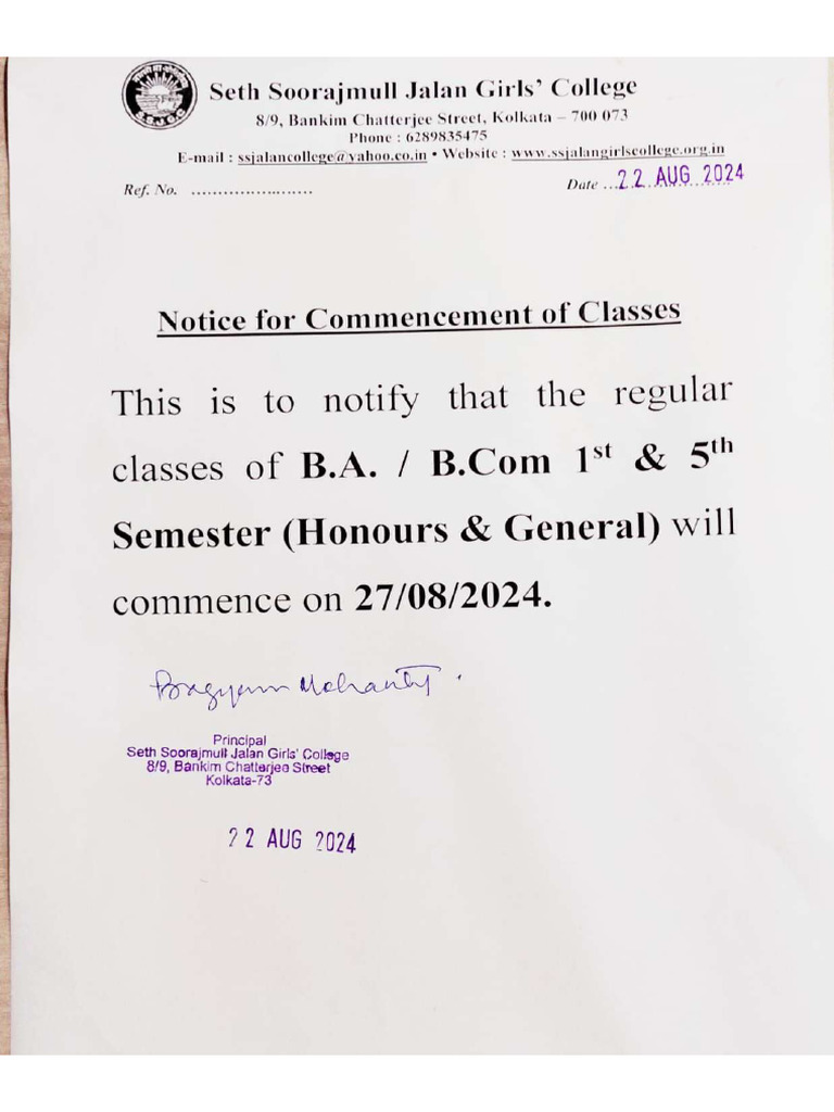 Notice For Commencement of Classes | PDF