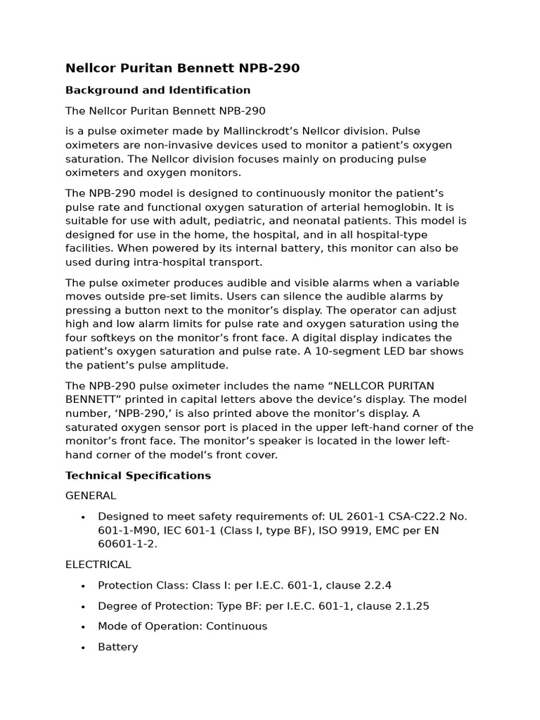 Nellcor Puritan Bennett NPB-290 | PDF