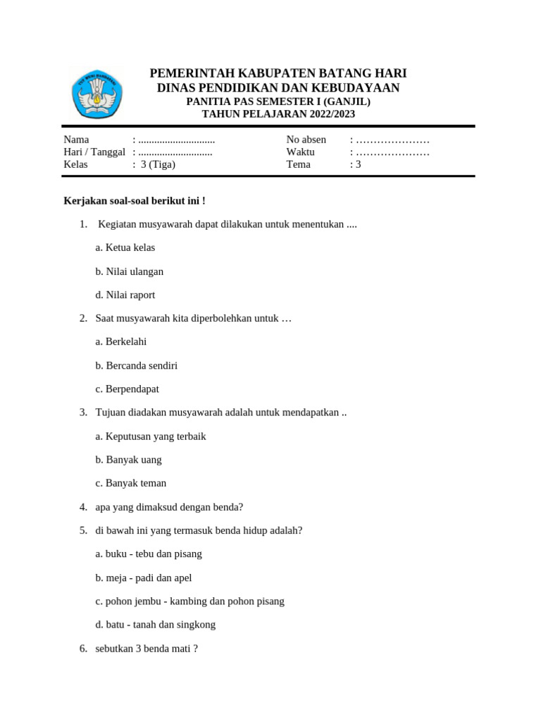 Soal Pas Kelas 3 Tema 3 | PDF