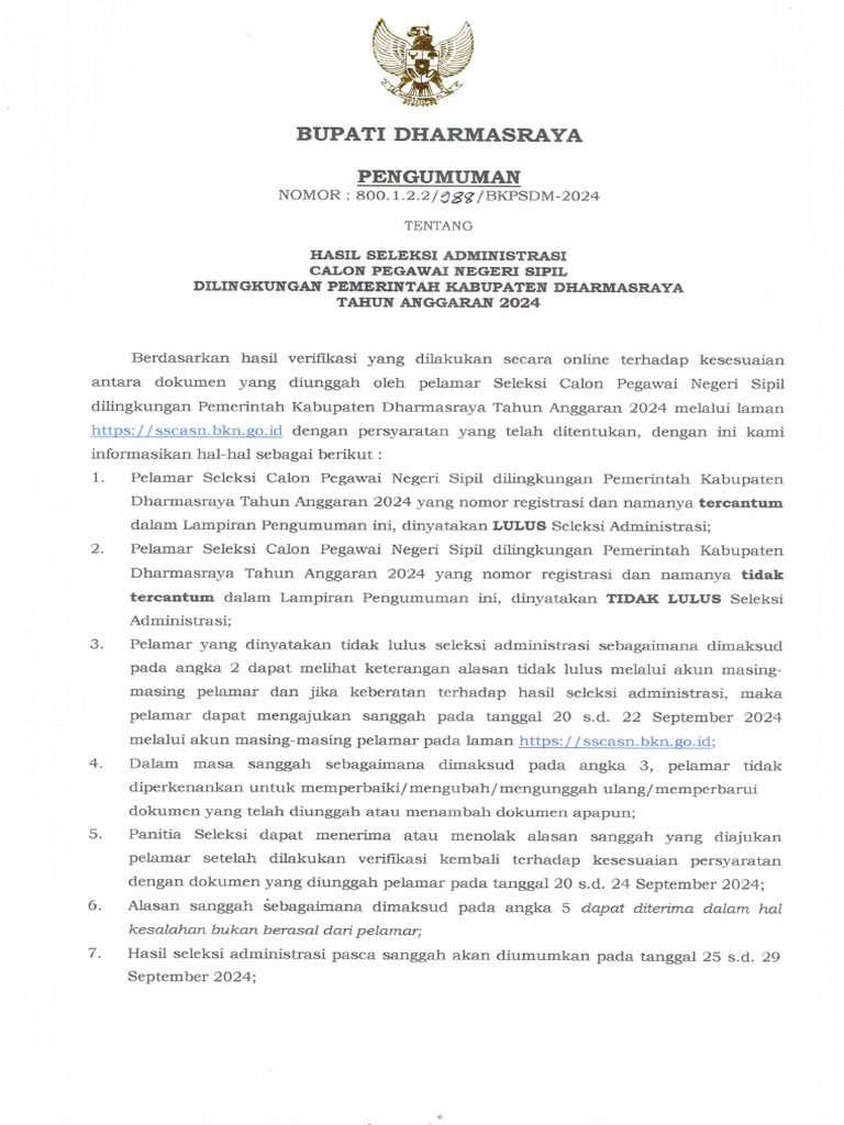 Pengumuman Hasil Seleksi Administrasi Calon Pegawai Negeri Sipil Di Lingkungan Pemerintah ...