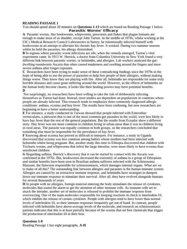 Reading Passage 1 Questions 1-13 A: Parasitic Worms' Efficacy | PDF