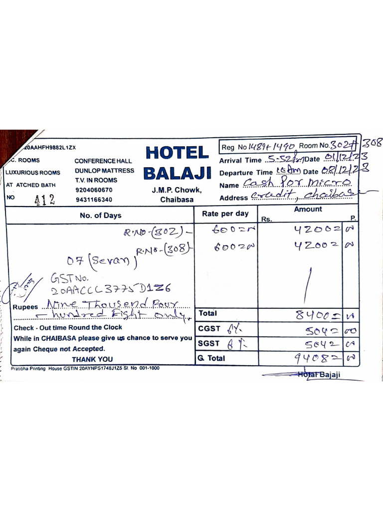 Hotel Bill Rs. 14112 | PDF