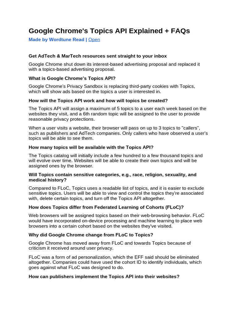Google Chrome Topics API Explained FAQs | PDF