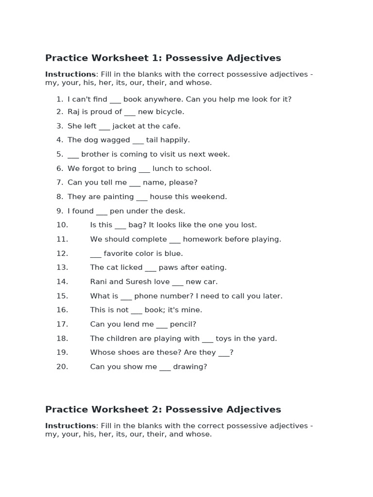 Possessive Adjectives Practice Worksheets | PDF | Home & Garden | Art
