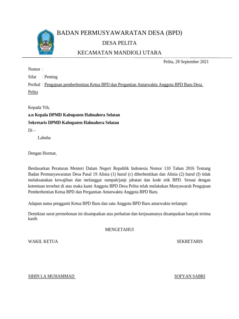 SURAT PERMOHONAN BPD KE DPMD | PDF