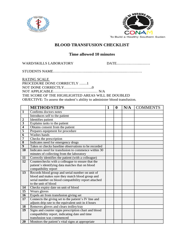 Reviewed BLOOD TRANSFUSION CHECKLIST | PDF
