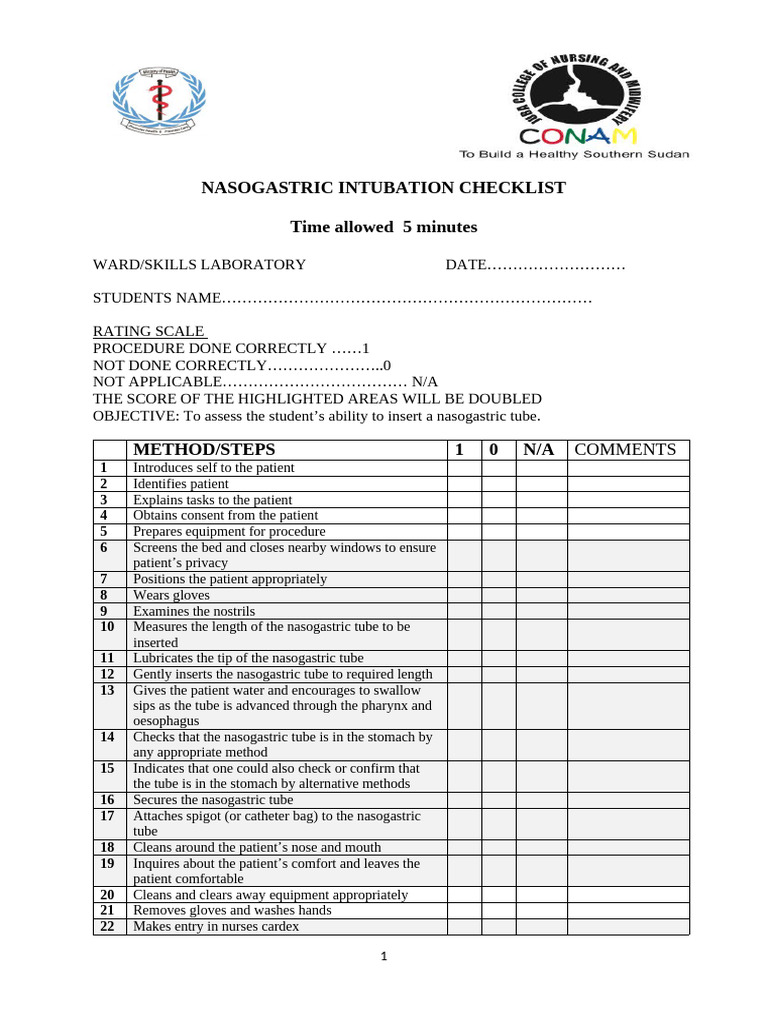 Reviewed Nasogastric Intubation Checklist | PDF