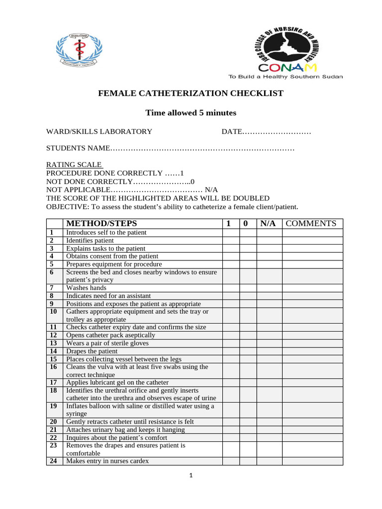 Reviewed FEMALE CATHETERIZATION CHECKLIST | PDF