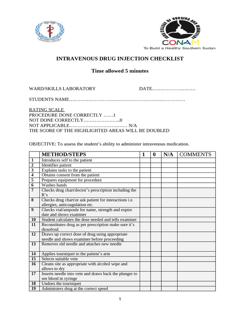 Reviewed INTRAVENOUS DRUG INJECTION CHECKLIST | PDF