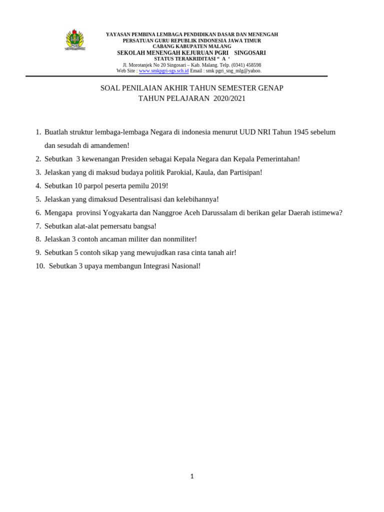 SOAL PAT PKN Kelas X New | PDF