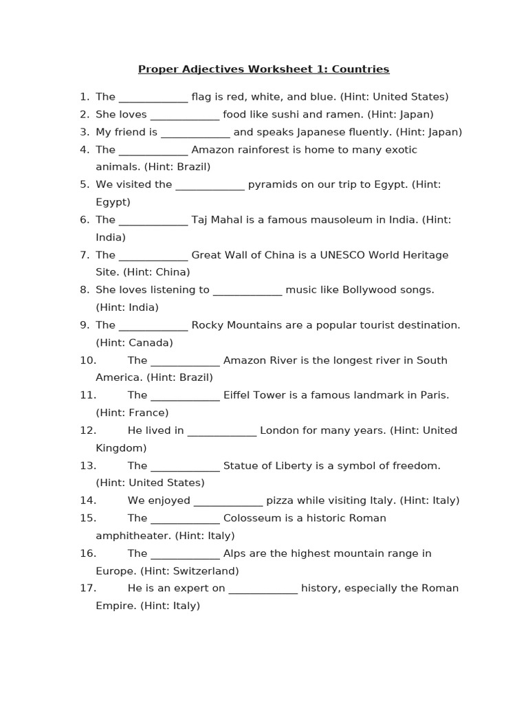 Proper Adjectives - Worksheet 1-4 | PDF