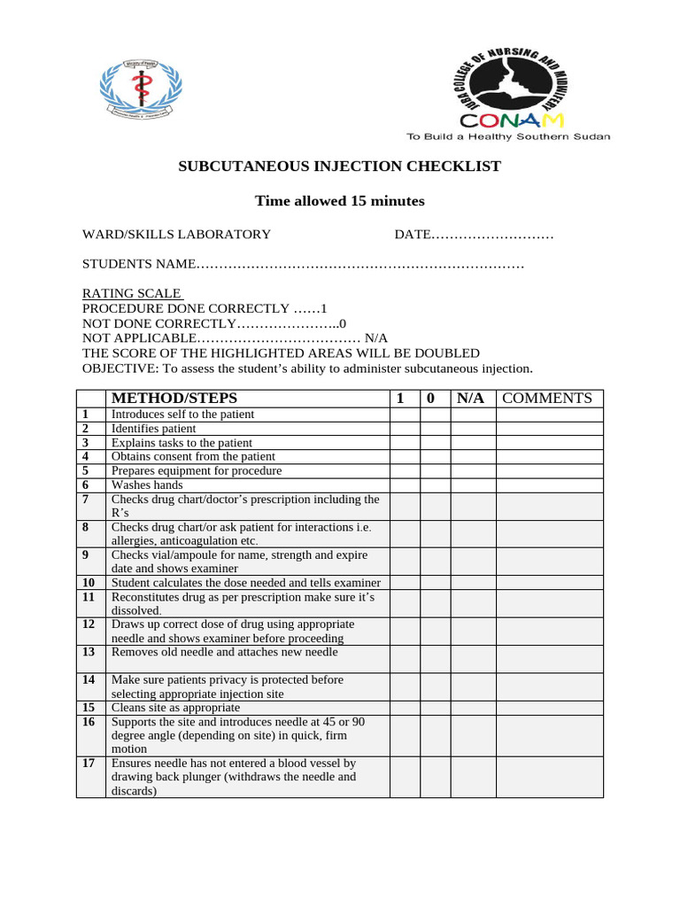 Reviewed Subcutaneous Injection Checklist | PDF