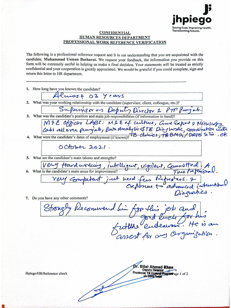 Jhpiego Reference Check Form-Mr Usman Basharat | PDF
