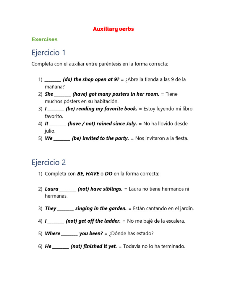 Auxiliary Verbs Exercises 4to Baco | PDF