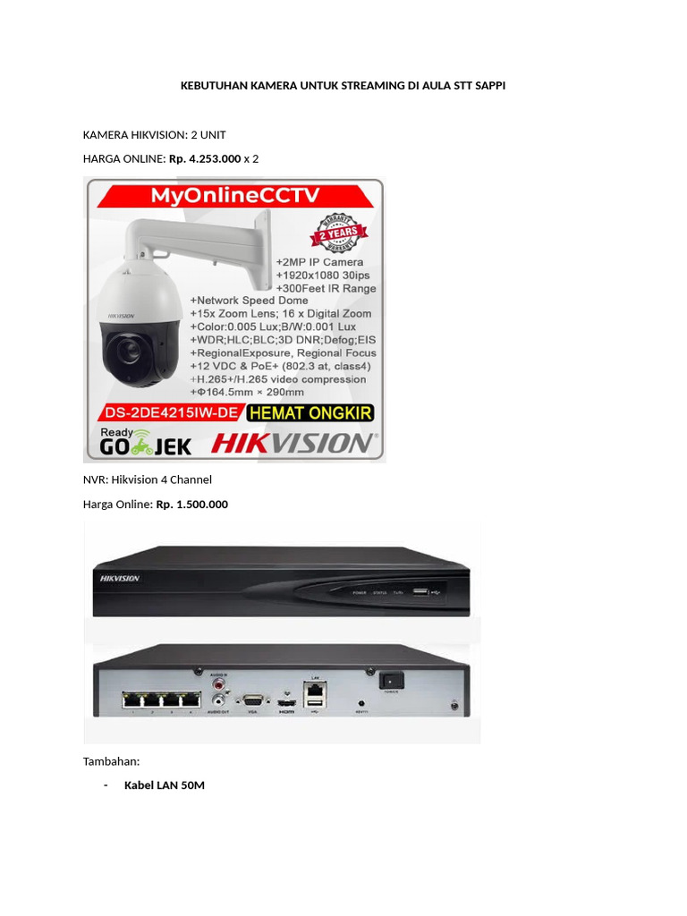 Kebutuhan Kamera Untuk Streaming Di Aula STT Sappi | PDF
