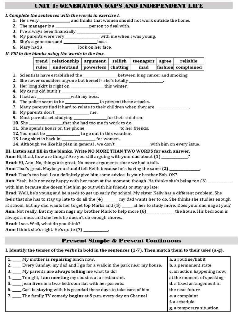 UNIT 1 - BT TỪ VỰNG PHẦN READING VÀ GRAMMAR 1 - 2024 | PDF