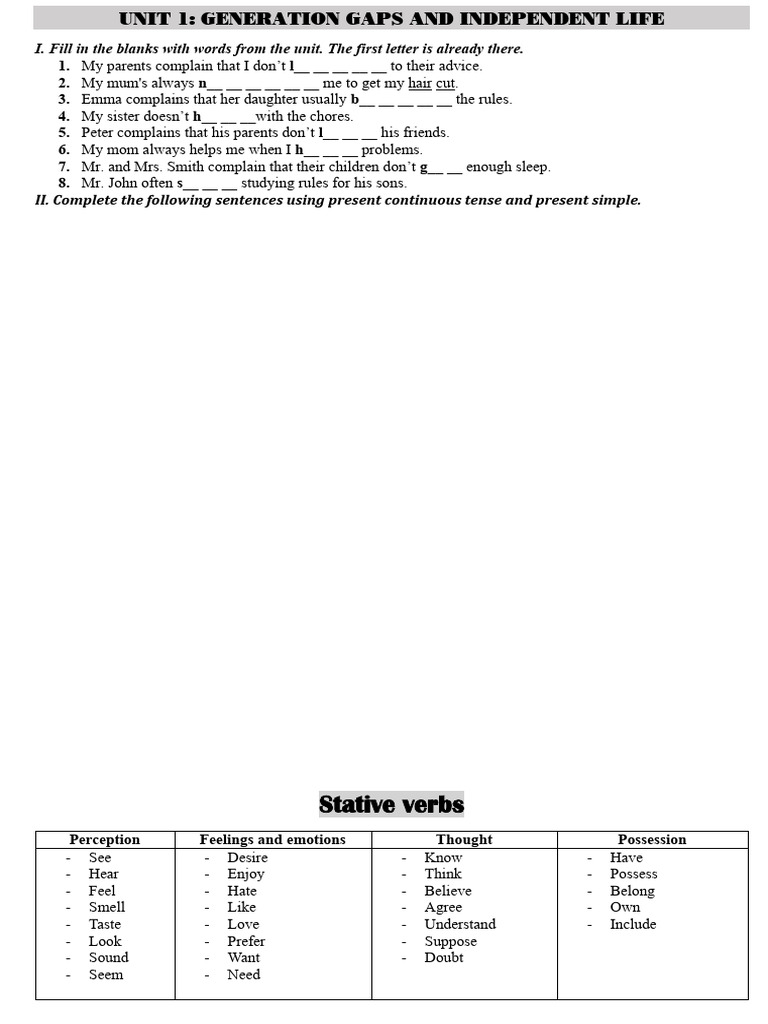 UNIT 1 - Stative Verbs - 2024 | PDF