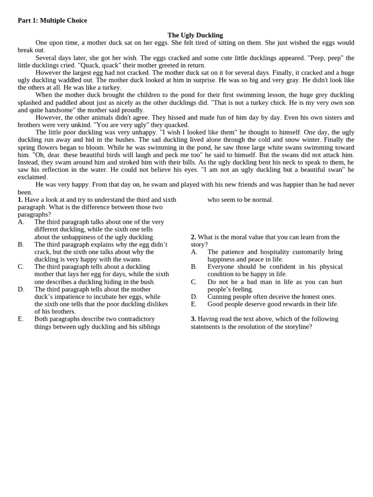 Part 1: Multiple Choice The Ugly Duckling | PDF