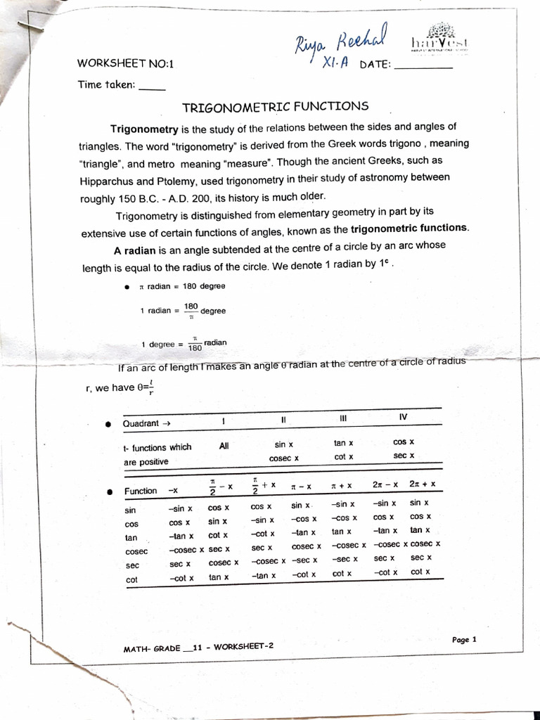 Trig Worksheet Grade 11 | PDF
