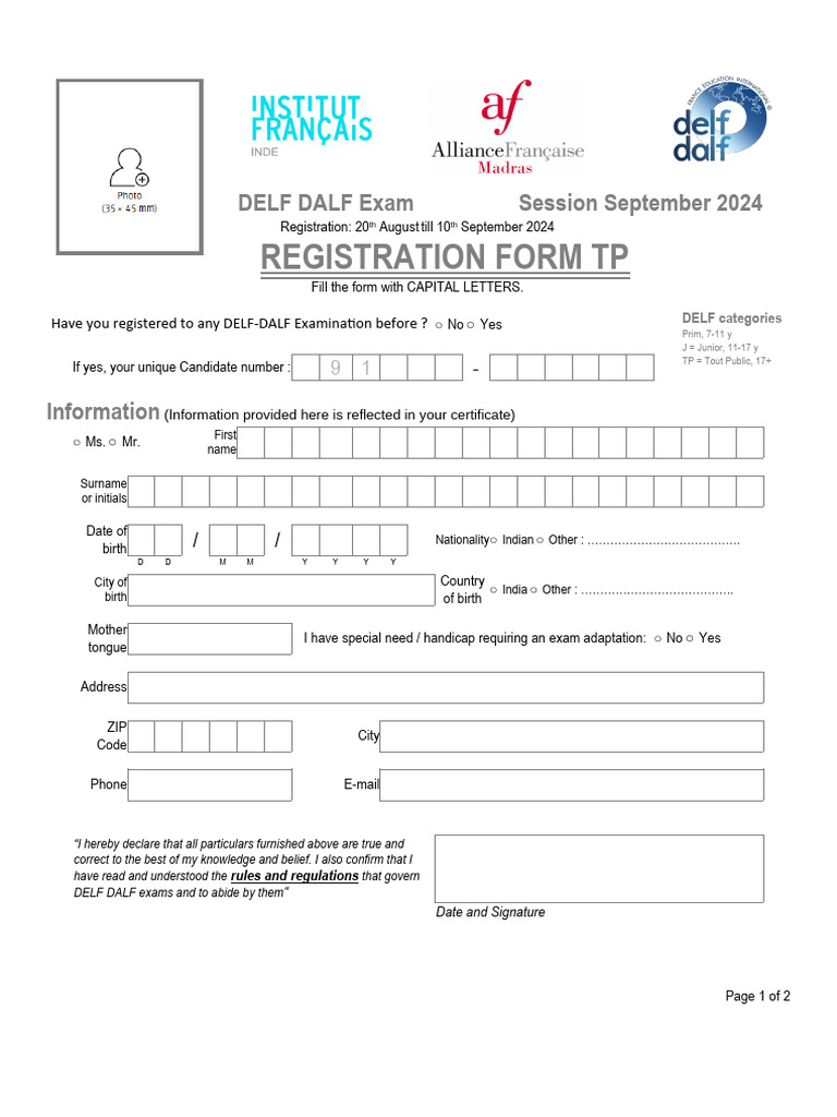 202409TP Registration Form DELFDALF TP 1 | PDF
