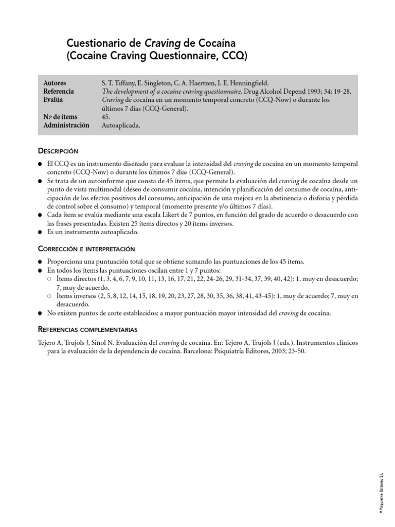 Descripción Cuestionario de Craving de Cocaína (CCQ) | PDF