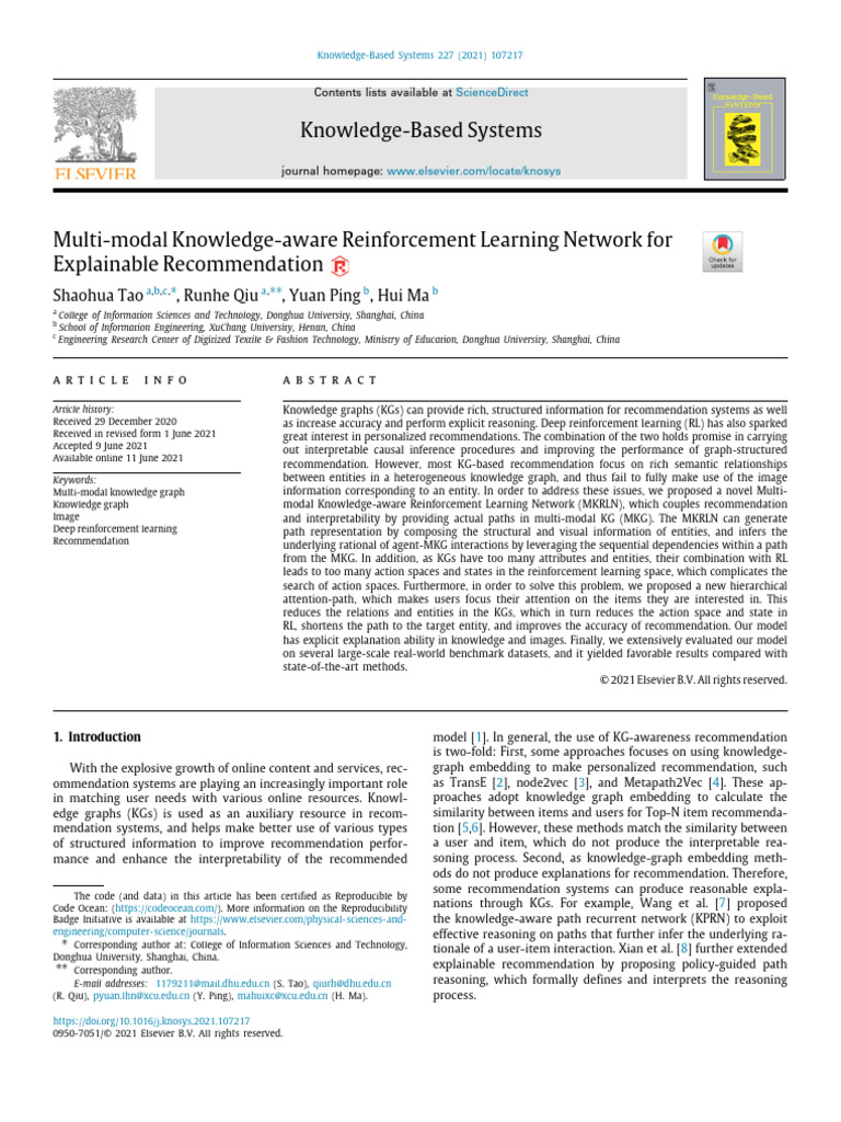 Multi-Modal Knowledge-Aware Reinforcement Learning Network For | PDF | Cognition