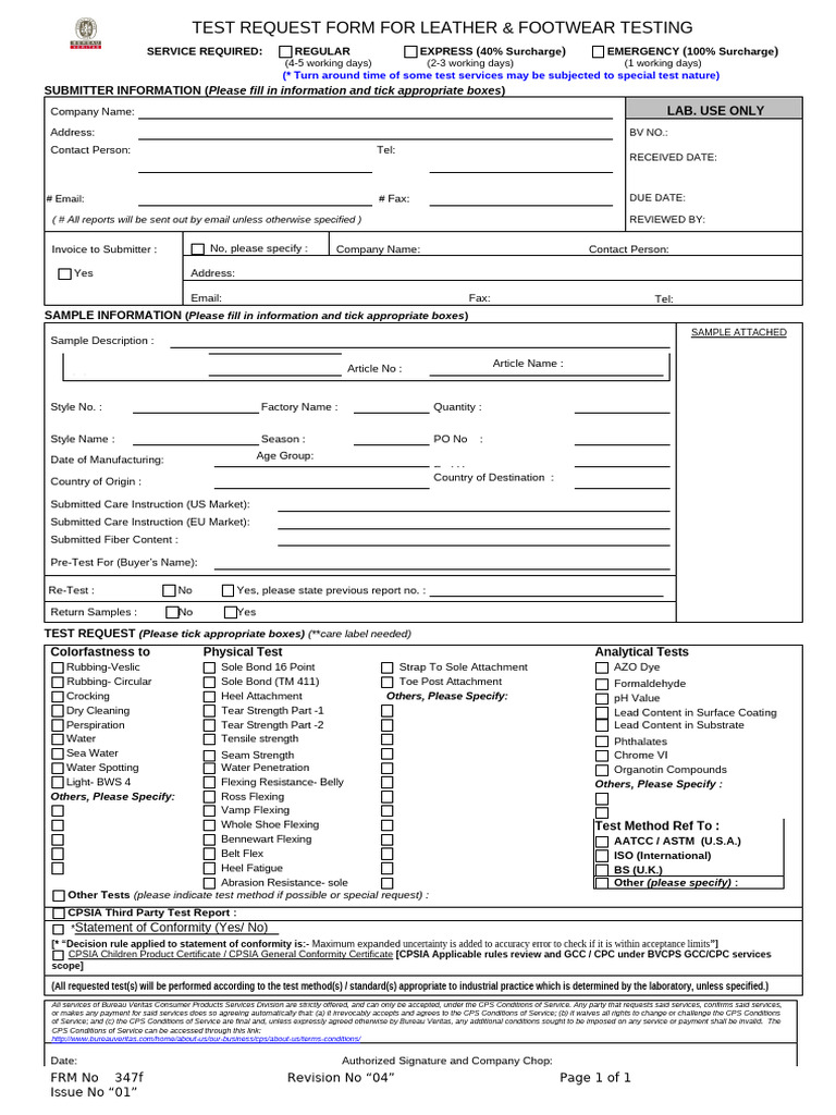 Leather and Footwear Testing Local TRF 2020 FRM 347F-V4 | PDF